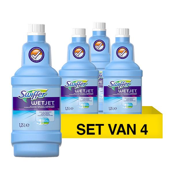 Aanbieding: Swiffer Wet Jet Reinigingsmiddel navulling (4 flessen a 1,25 liter) Swiffer 123schoon.nl